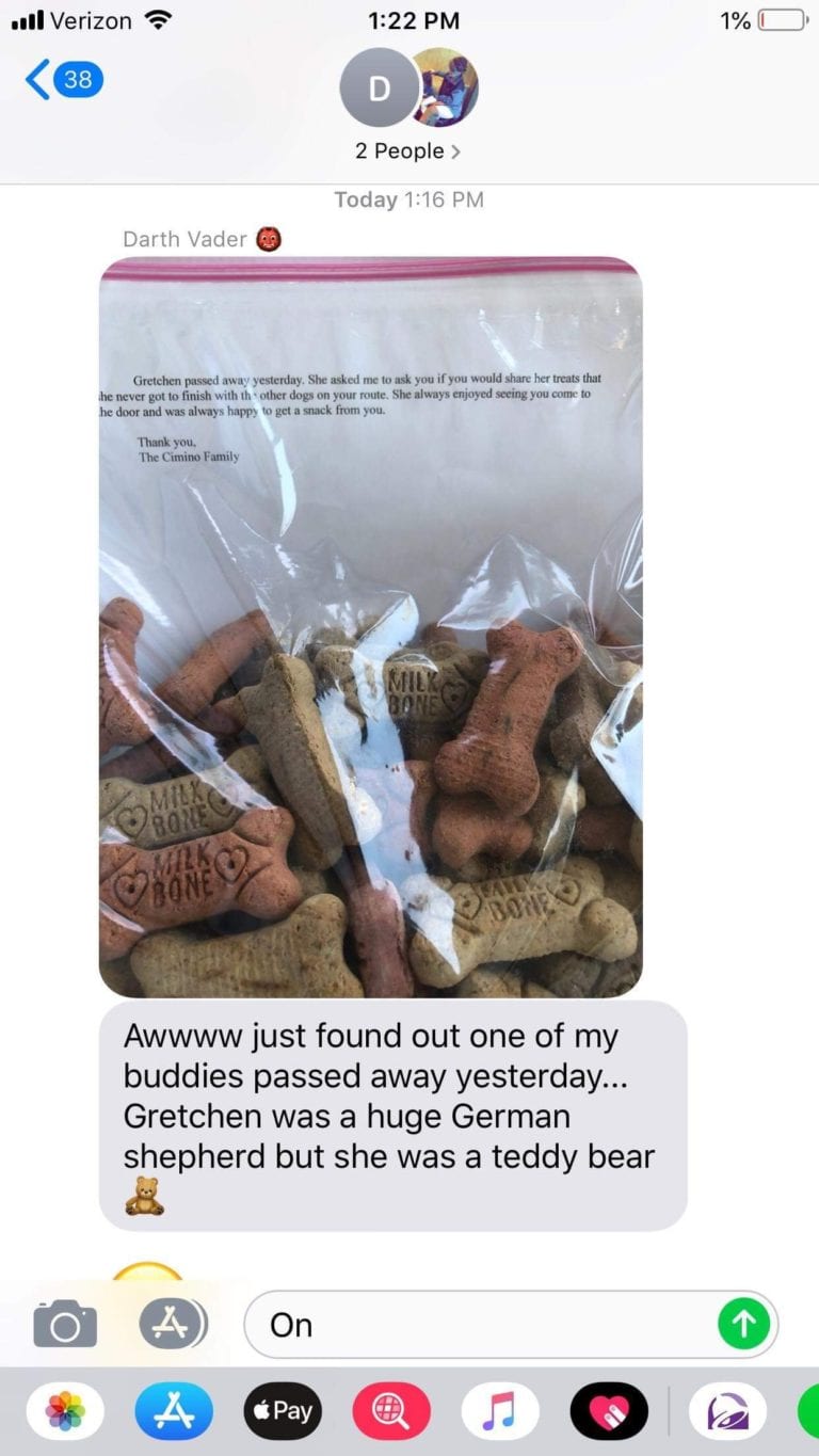 Grieving owner knows mailman always brings treats for late dog, leaves ...