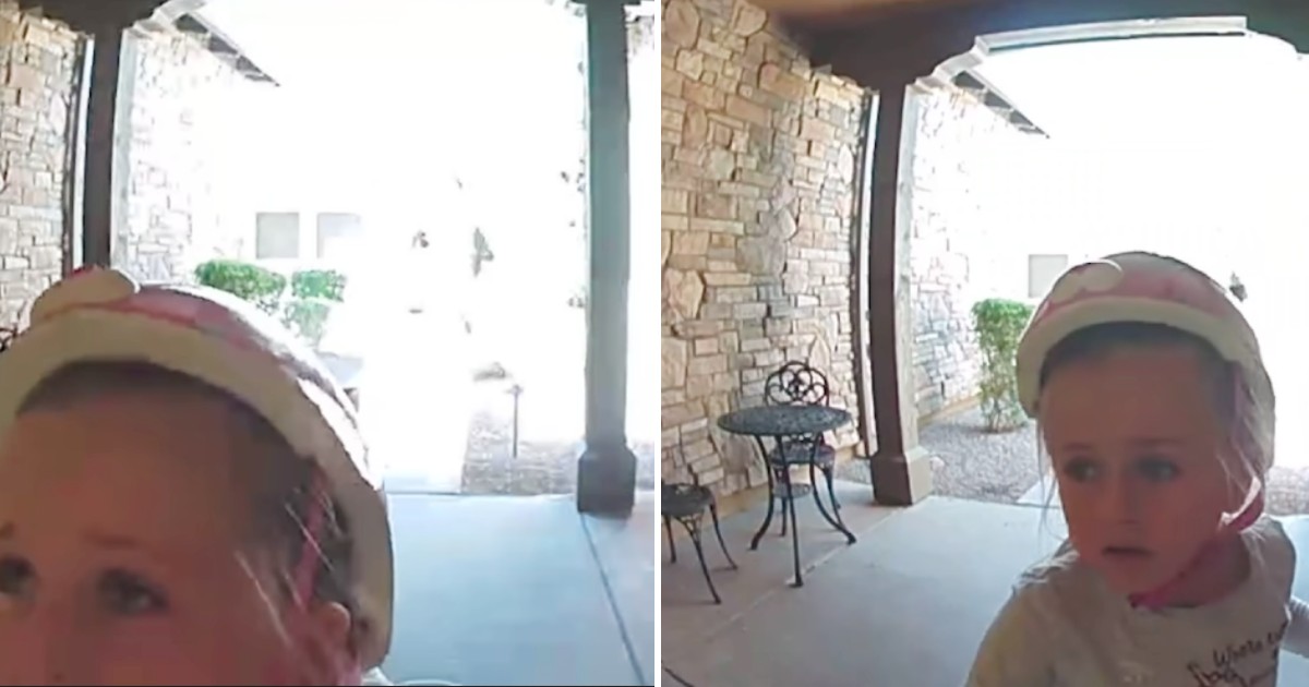 Scared girl talks to neighbor on video doorbell after running from bobcat