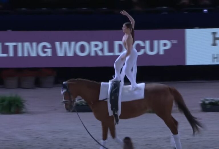 Woman stands on horse then proceeds to do a back flip mid ride